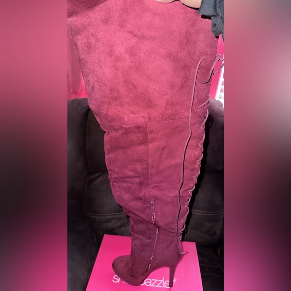Shoe Dazzle | Shoes | Wine Thigh High Heel Boot With Crossover Strings ...